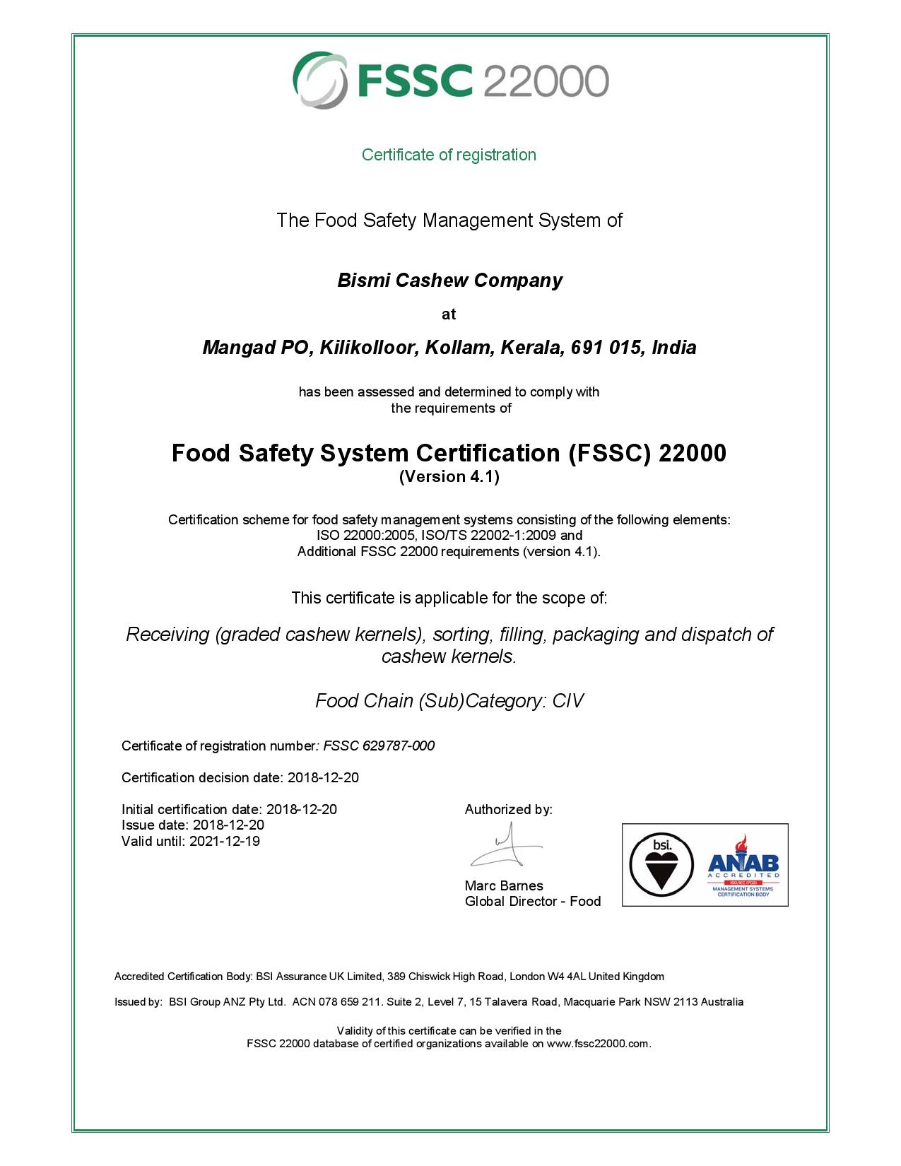 FSSC CERTIFICATE - Cashew Manufacturers, Importers & Exporters in kerala