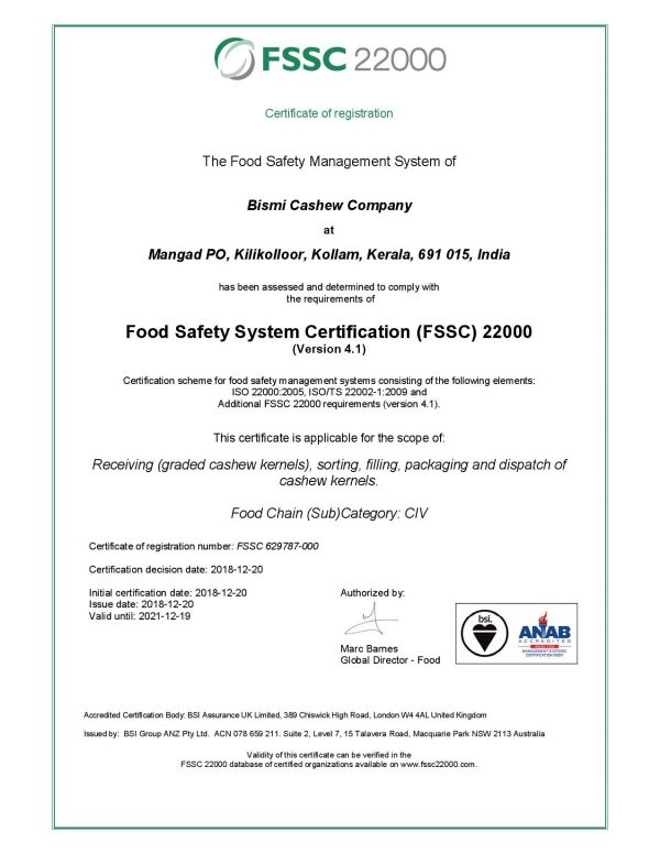 FSSC CERTIFICATE - Cashew Manufacturers, Importers & Exporters in kerala